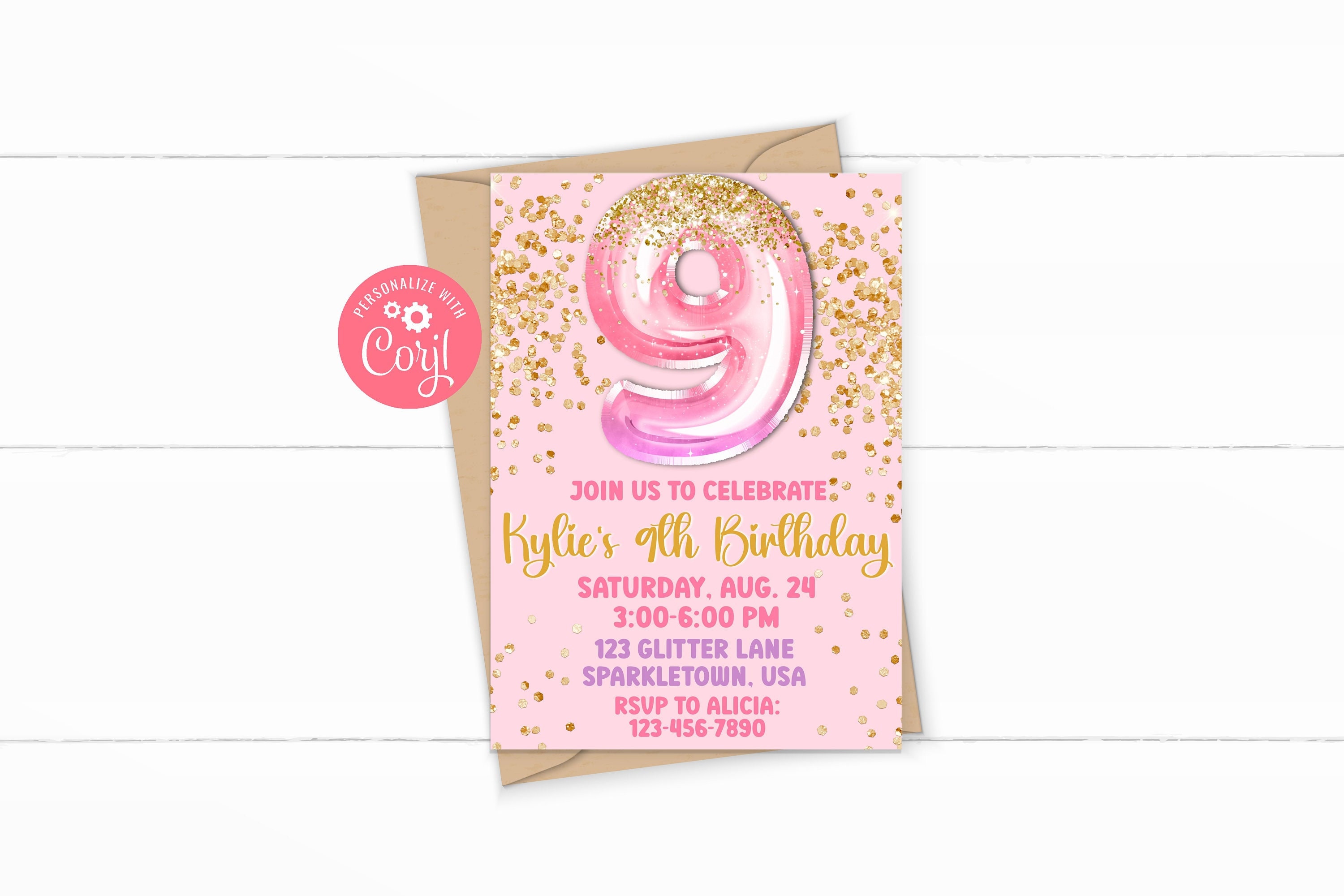 Girl's 9th Birthday Digital Invitation - Girl's Birthday Invite - DIY ...