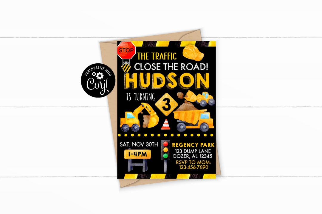 Construction Vehicles Party Digital Invitation - Boy's Birthday Invite ...