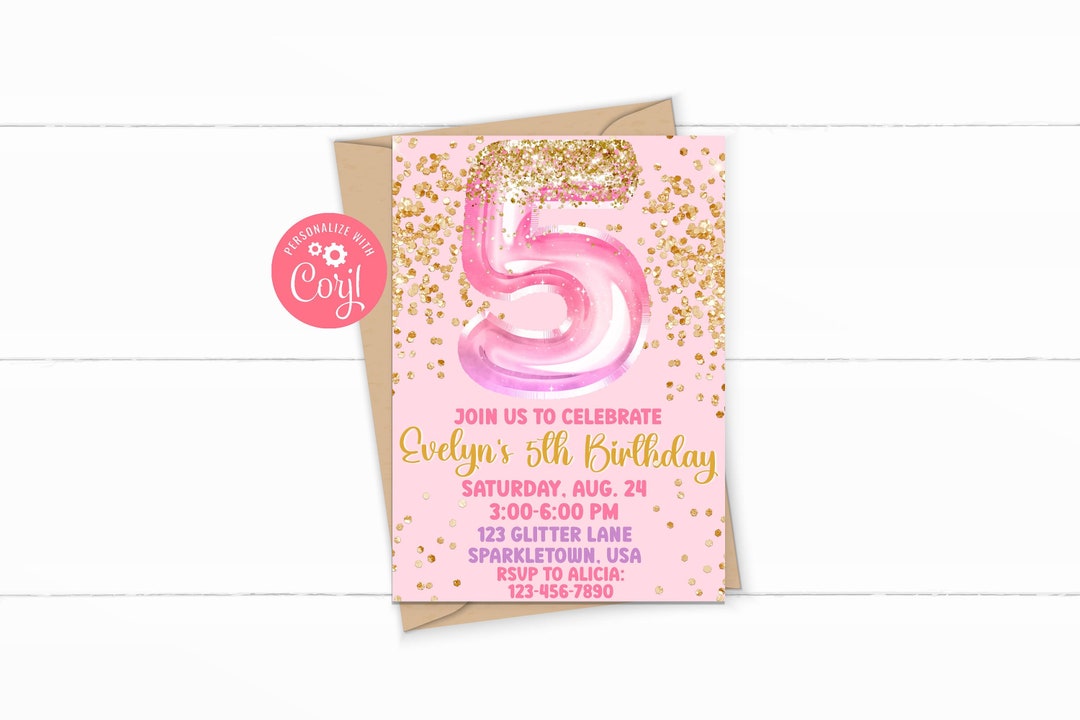 Girl's 5th Birthday Digital Invitation - Girl's Birthday Invite - DIY ...