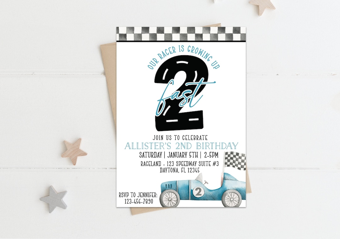 Two Fast Racecar 2nd Birthday Retro Car Party Digital Invitation - Boy ...