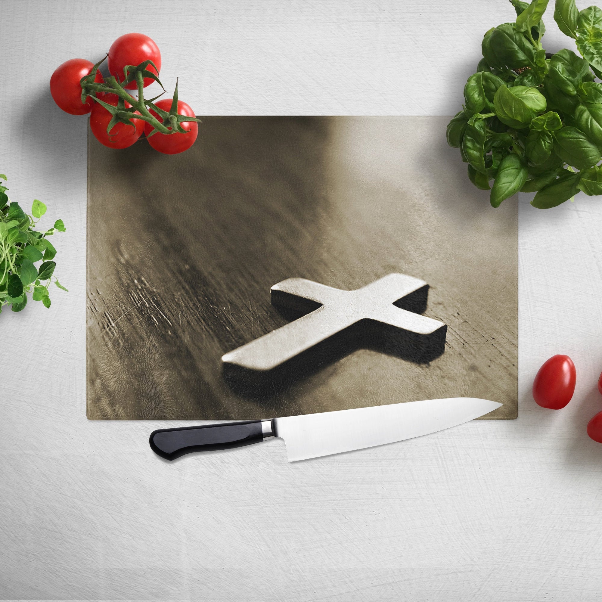 Christian Cross Photo Glass Cutting Board, Cross Trivet, Sepia Hot Pad ...