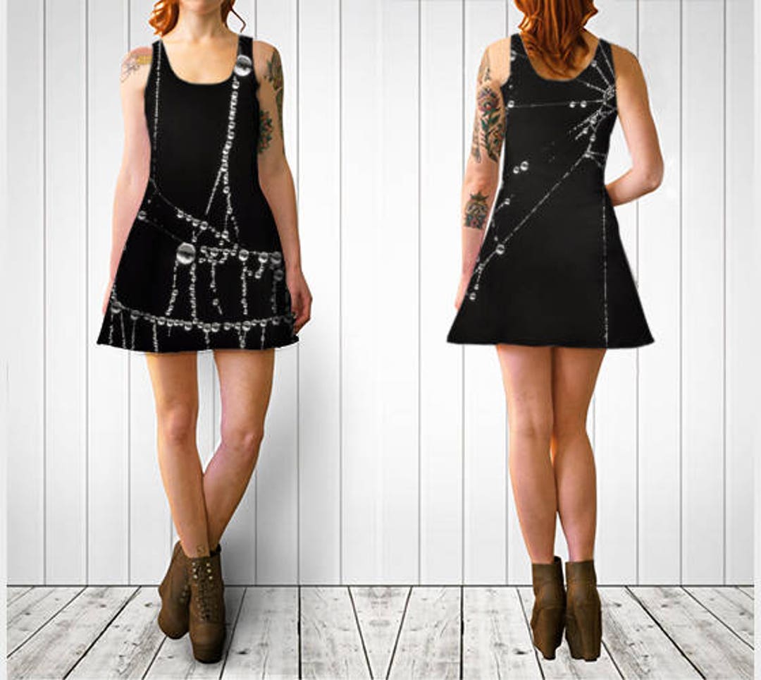 Gothic Cobweb Print Black Flare Dress, Spider Web Digital Print ...
