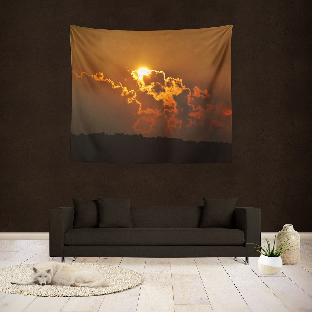 Sunset Wall Tapestry, Sun Setting Behind Clouds Wall Hanging, Sun Photo ...