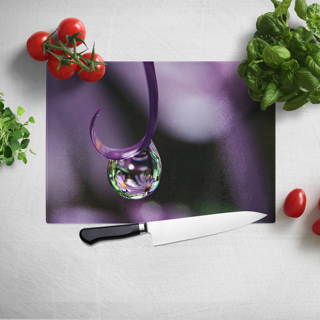 Purple Dew Drop Photo Glass Cutting Board, Nature Trivet Hot Pad ...
