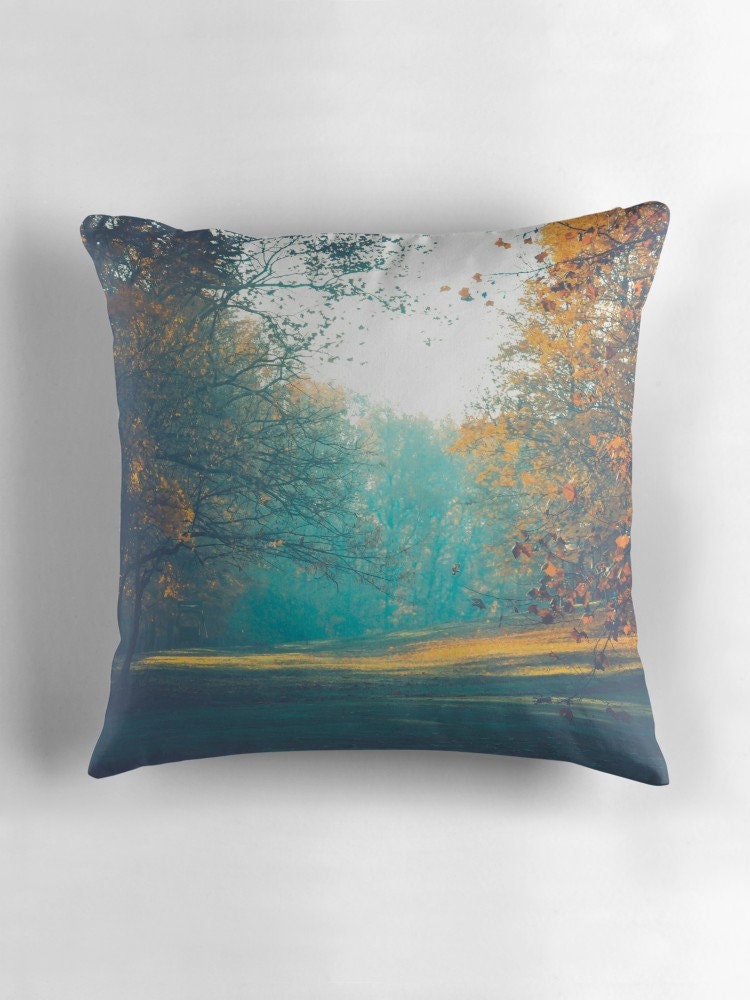 Teal Blue Fall Landscape Throw Pillow Autumn Decorative - Etsy