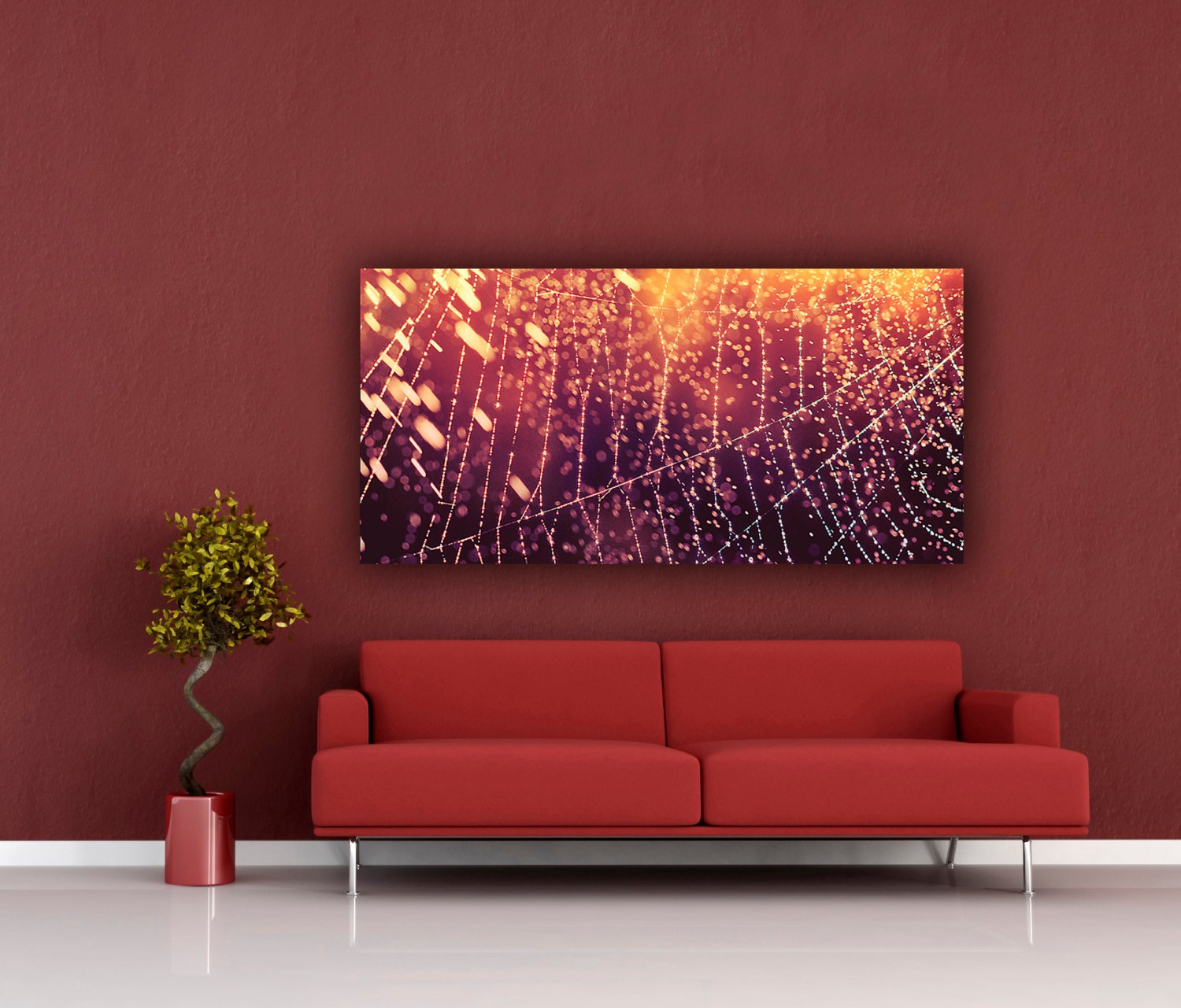 Glowing Orange Spider Web Macro Photograph, Rain Showers Panoramic Wall ...