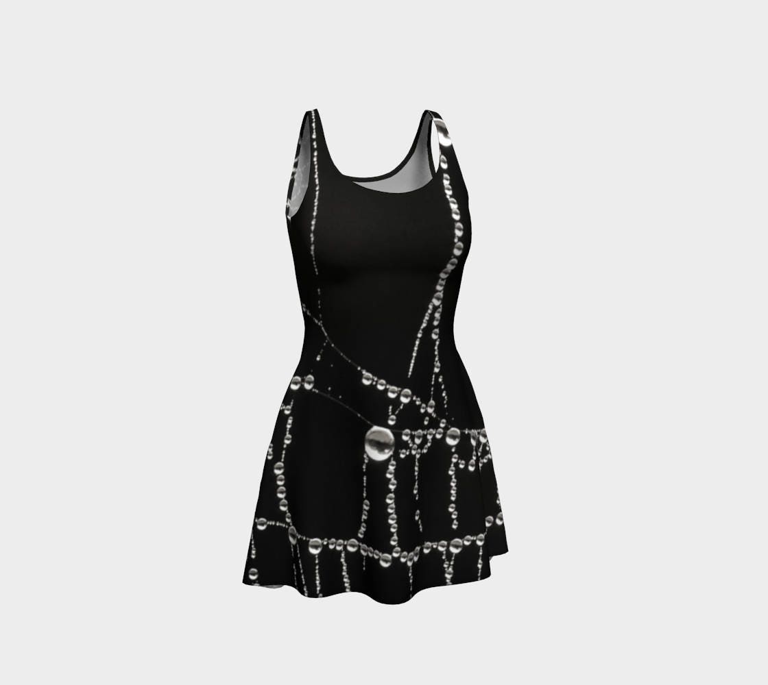 Gothic Cobweb Print Black Flare Dress, Spider Web Digital Print ...