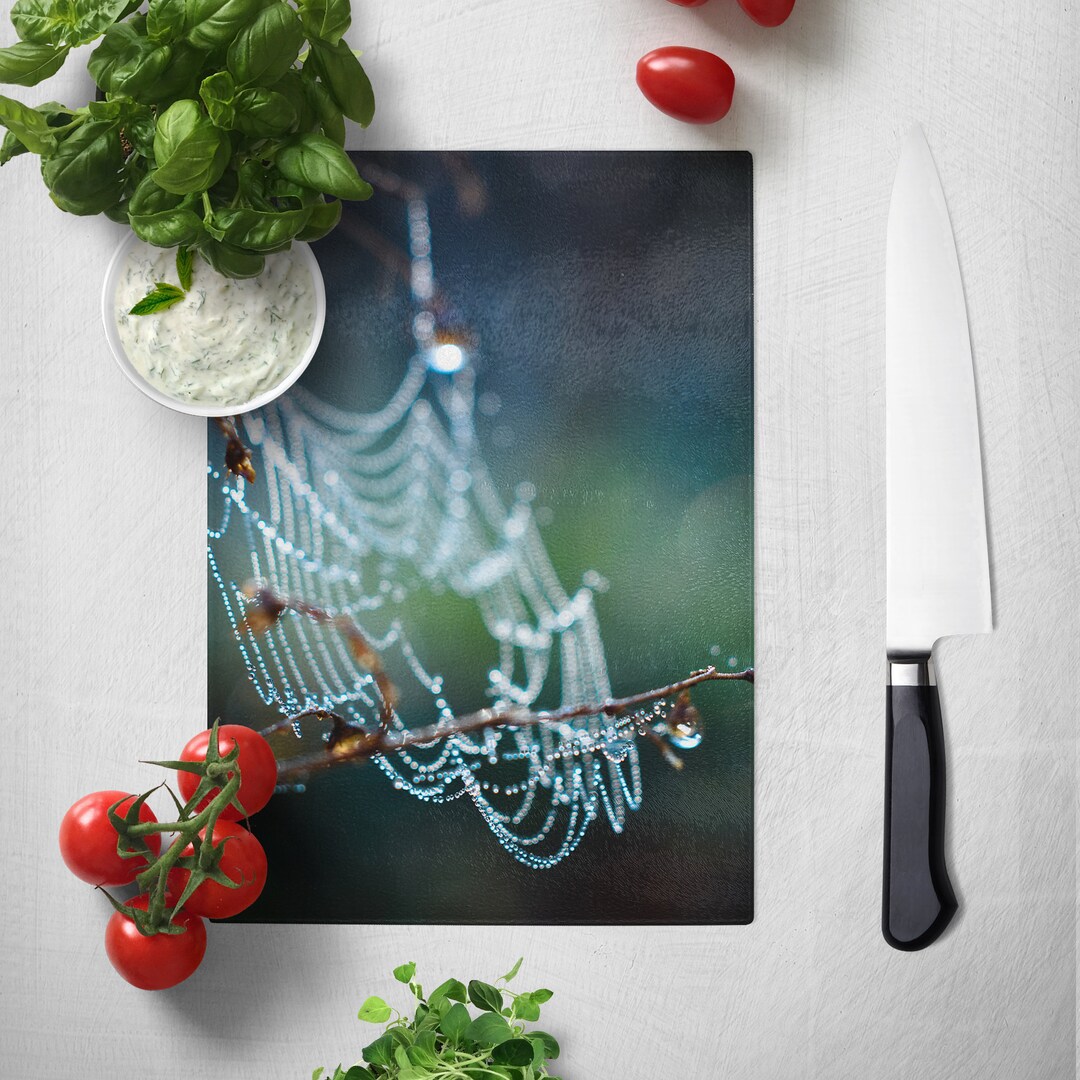 Cobweb Covered in Dew Photo Glass Cutting Board, Nature Spiderweb ...