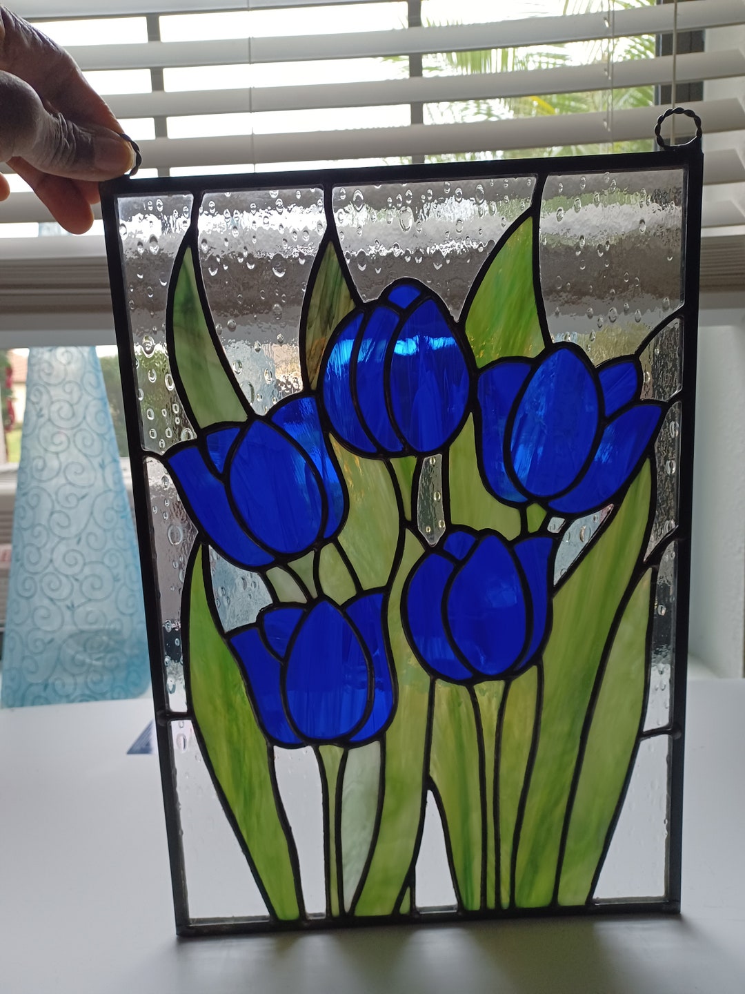 Stained Glass Tulip Panel: Blue Floral Window Art - Etsy