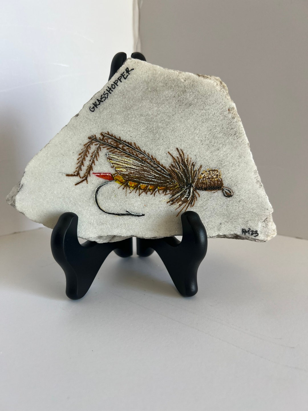 Fly-fishing Hopper Dry Fly Hand Painted in Acrylic Paint on a Marble ...