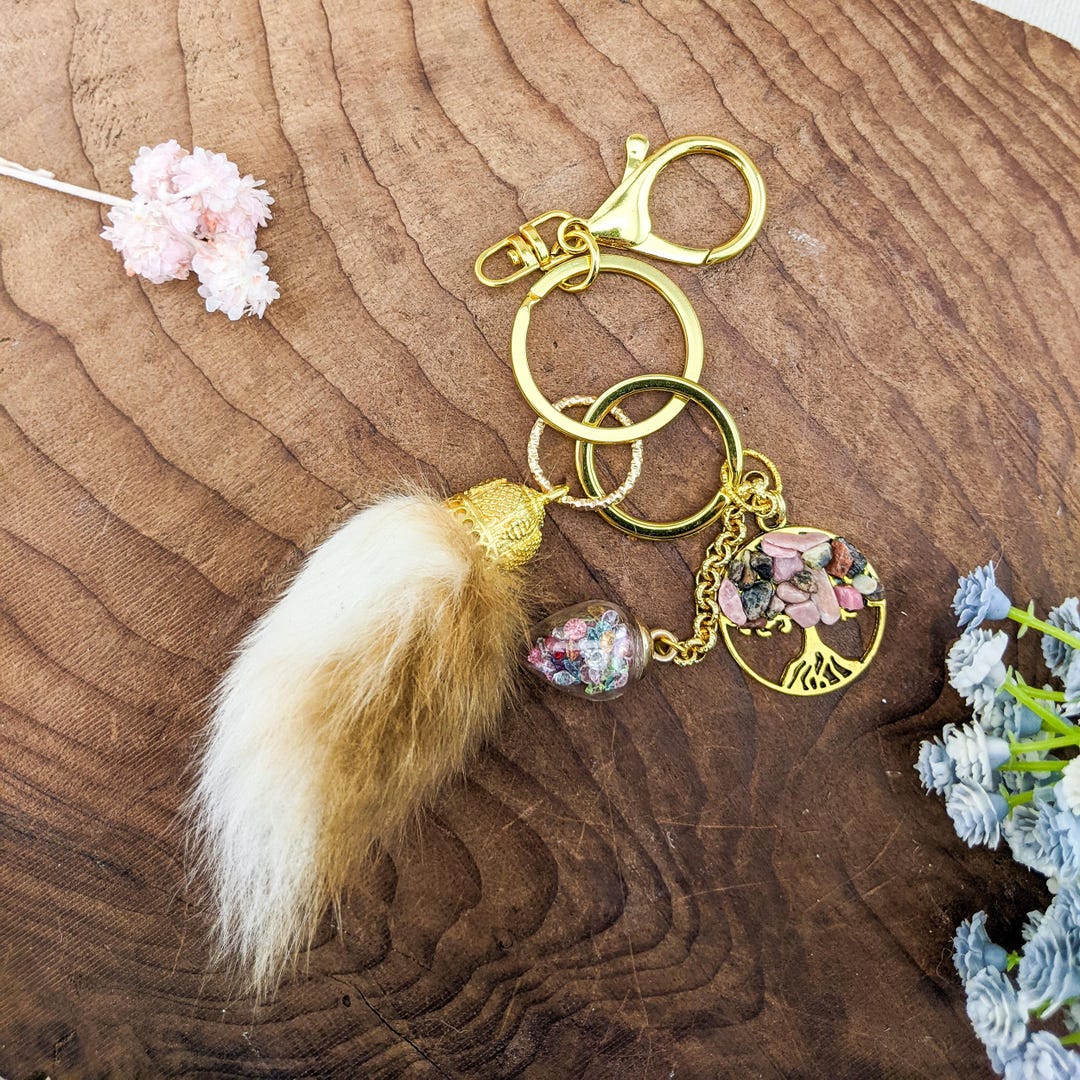 RABBIT Tail Keychain Tree of Life - Bubble Charm & Hook Gift Accessary ...