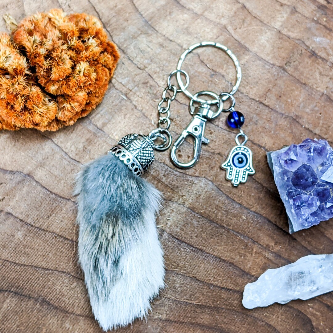 RF3 Real Rabbit Foot Hook Keychain Hand of Fatima Good Luck Curiosities ...