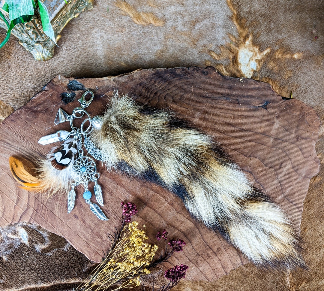 Raccoon Tail Keychain Talisman Purse Charm Collectible W/ Hook Specimen ...
