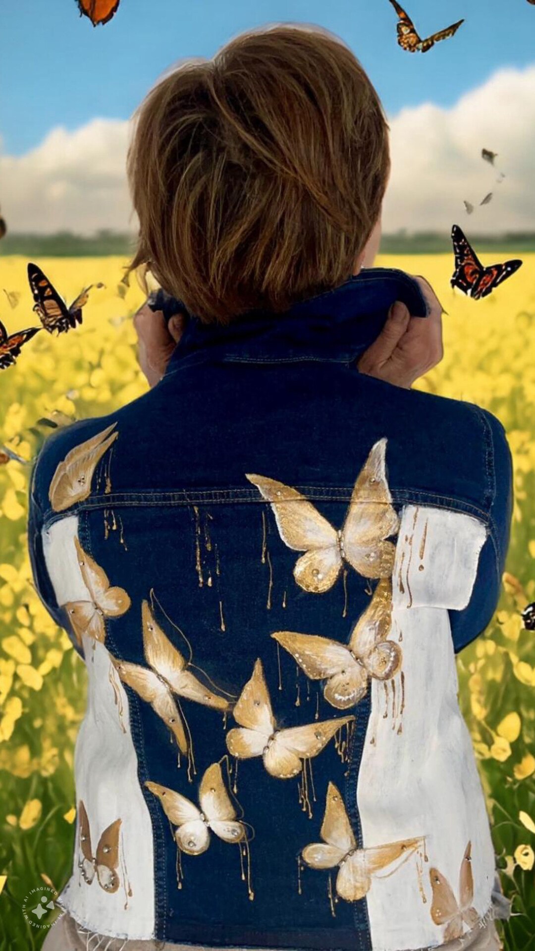Hand-painted Butterfly Denim Jacket With Gold and Metallic White ...