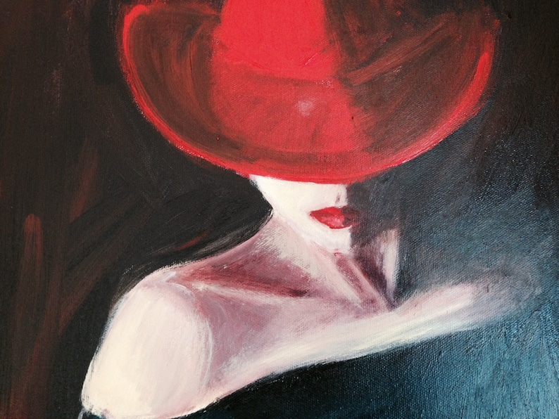 Woman With Red Hat Painting, Print on Paper 12x18, Red and Black ...