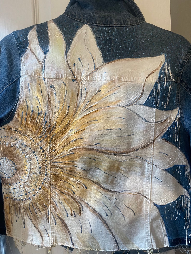 Hand-painted Sunflower Denim Jacket With Gold and Metallic White ...