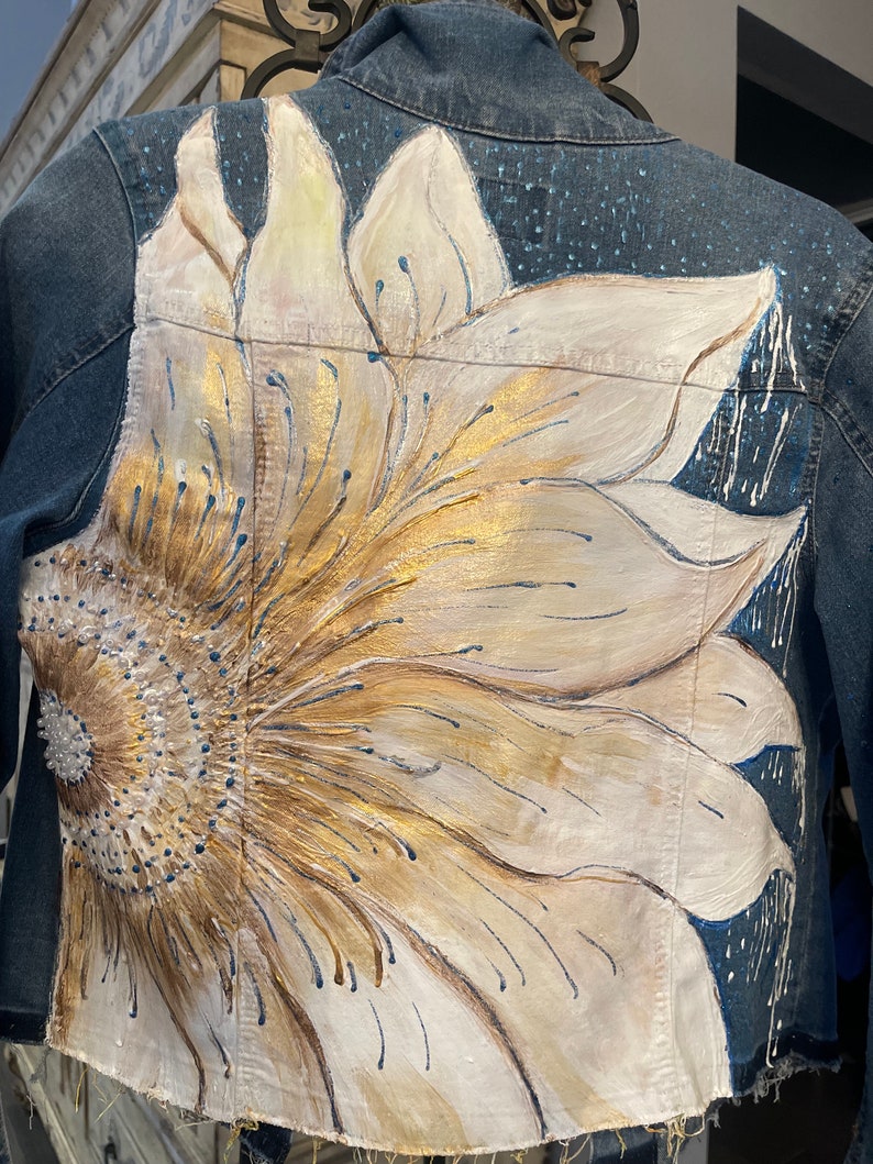 Hand-painted Sunflower Denim Jacket With Gold and Metallic White ...