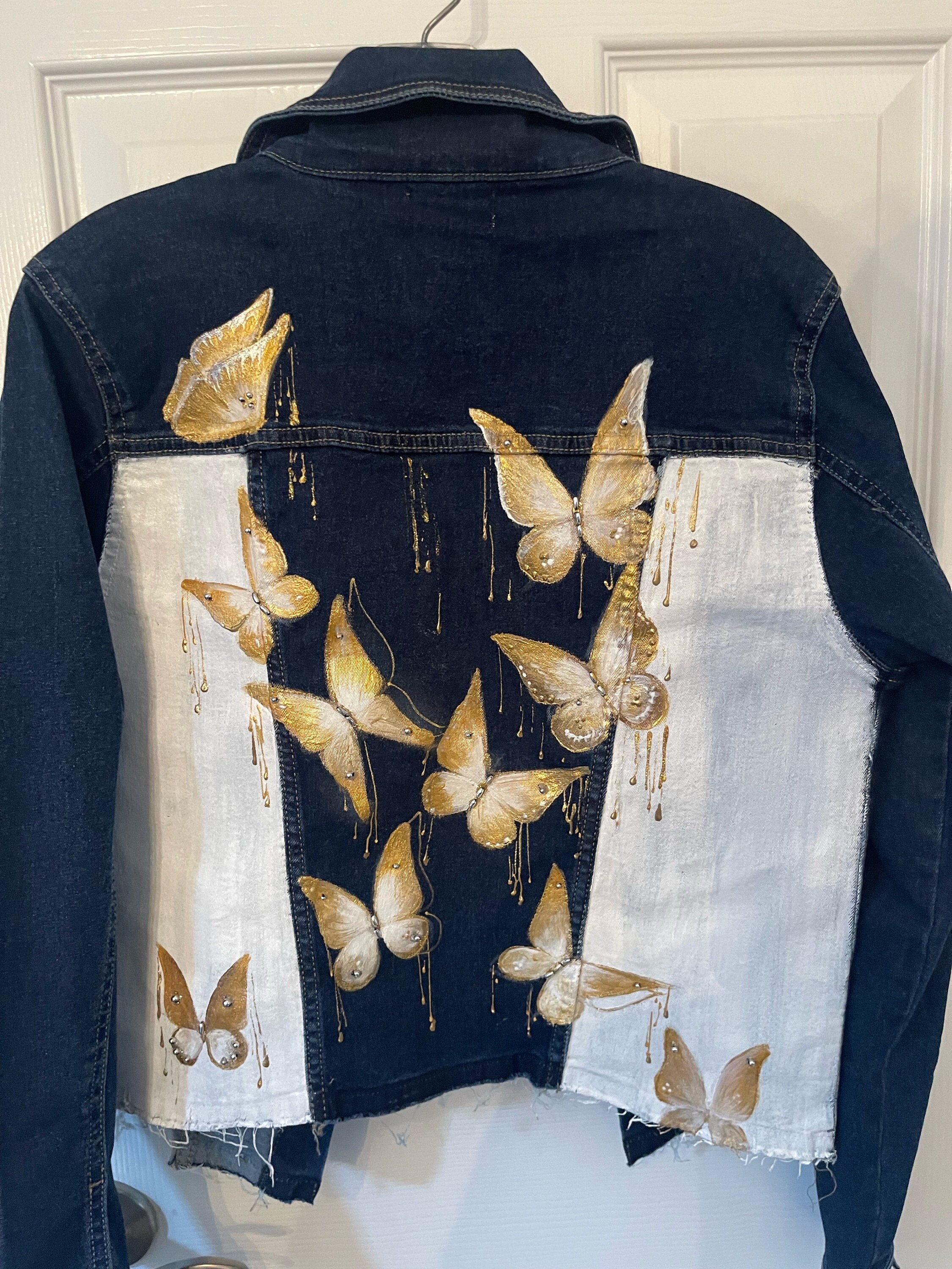 Hand-painted Butterfly Denim Jacket With Gold and Metallic White ...