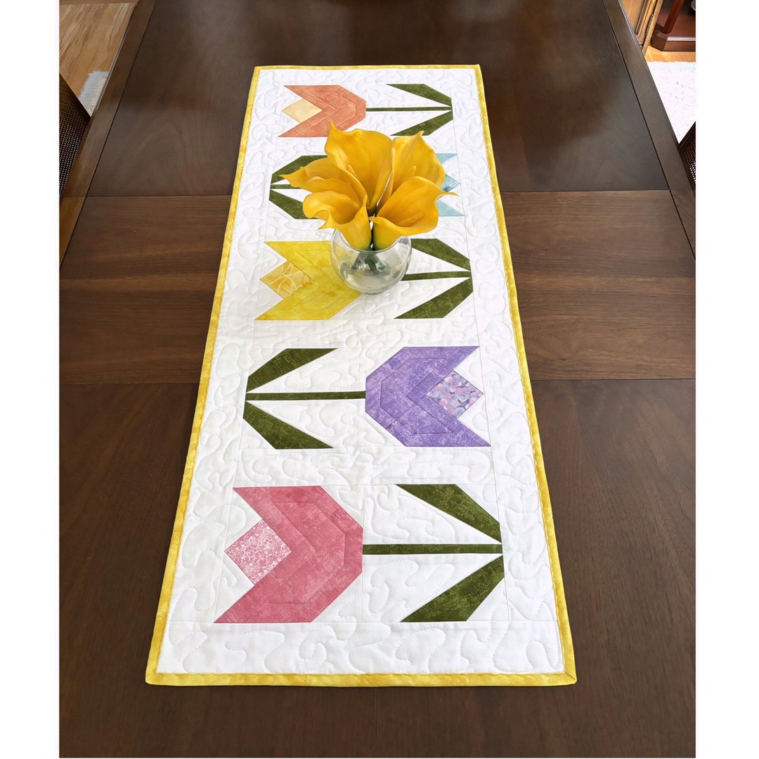 Tulip Garden Quilted Tablerunner, Handmade Dresser Scarf, Reversible 16 ...