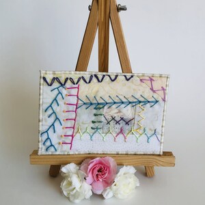 Hand Embroidered Crazy Quiltpostcard, Cream Batik Fabric Postcard, 4 X ...