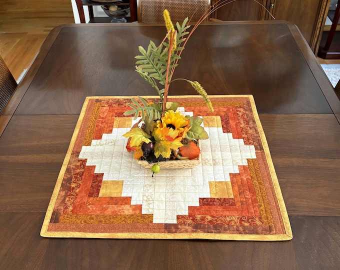 Amber and Cream Quilted Table Topper, Reversible Log Cabin Style Table Topper, Traditional Table ...