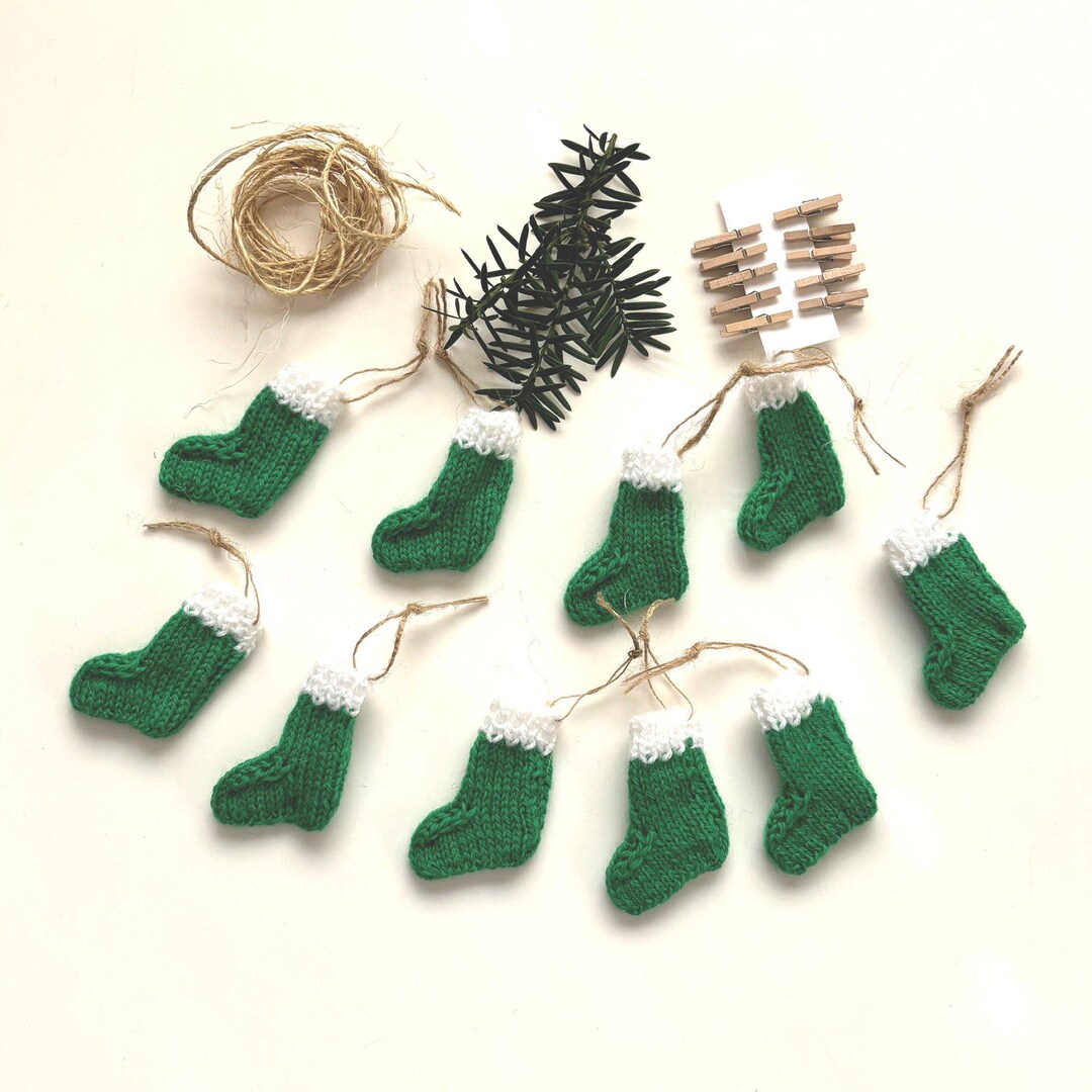 Knitted Mini Sock Garland, Bright Green and White Miniature Stocking ...