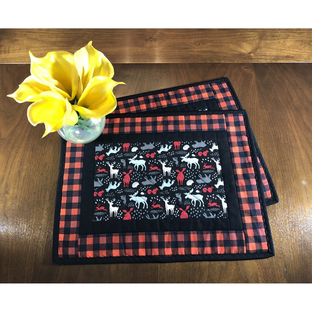 Set of 2 Plaid Placemats, Red Black Buffalo Check & Woodland Animals ...