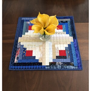Blue and Cream Quilted Table Topper, Reversible Log Cabin Style Table ...