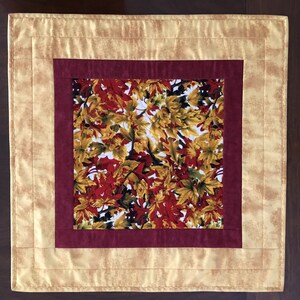 Autumn Quilted Table Topper, 25-1/4" (64cm) Fall Leaves Square Table Quilt, Gold and Burgundy ...