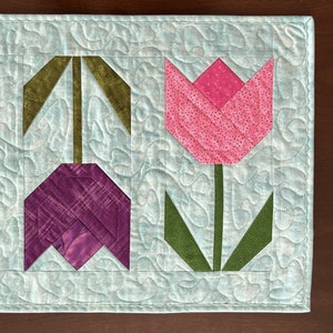 Tulip Garden Quilted Tablerunner, Handmade Dresser Scarf, Reversible 16 ...