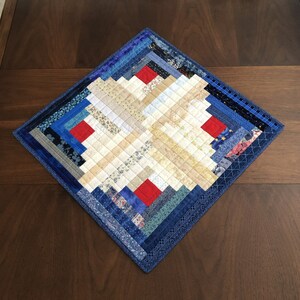Blue and Cream Quilted Table Topper, Reversible Log Cabin Style Table ...