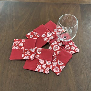 Red and White Fabric Coasters, Set of 6 Heart Themed Wine Glass ...