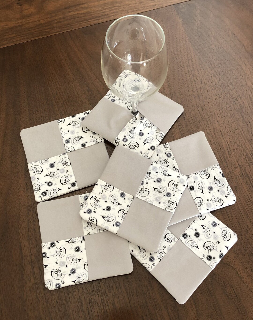 Wine Glass Coaster Set, White Grey and Black Fabric Coasters, Set of 6 ...