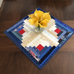 Blue and Cream Quilted Table Topper, Reversible Log Cabin Style Table ...