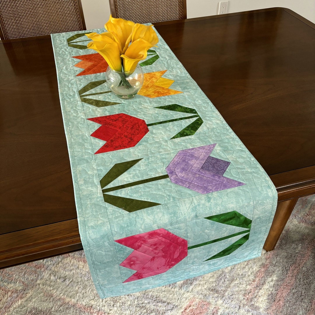 Tulip Garden Quilted Tablerunner, Handmade Dresser Scarf, Reversible 16 ...