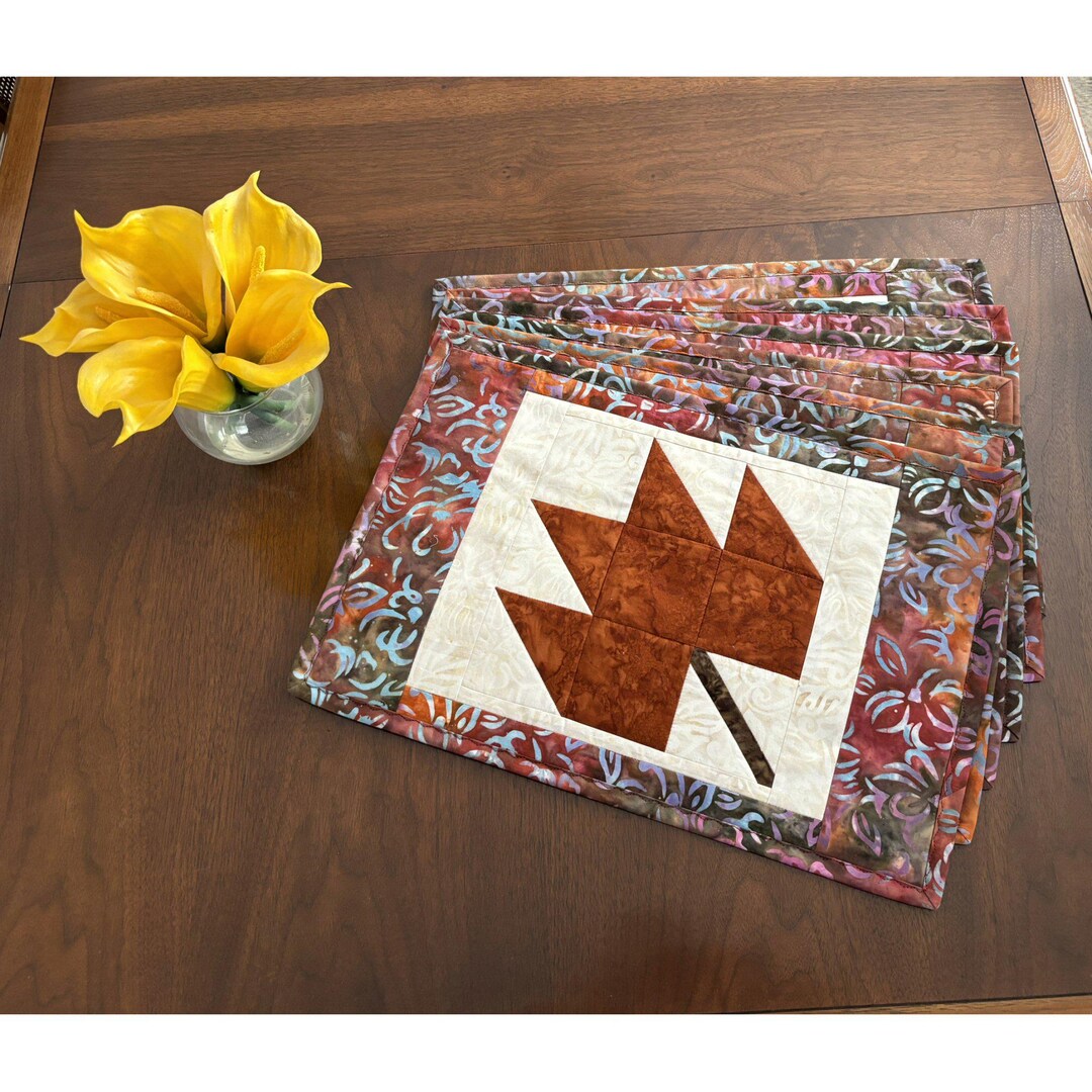 Quilted Batik Placemat Set, Set of Six of Copper and Cream Quilted ...