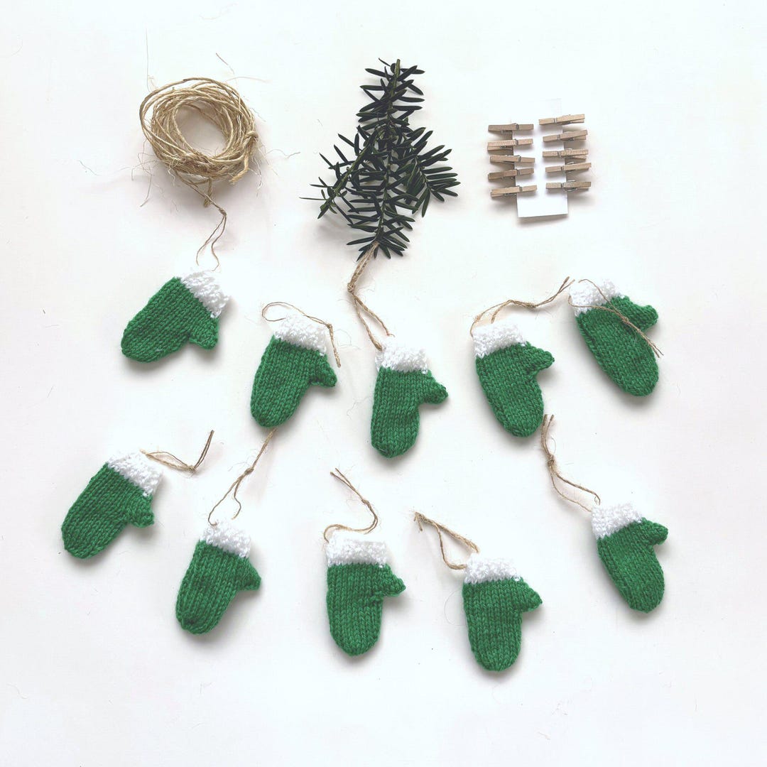 Knitted Mini Mitten Garland, Bright Green and White Miniature ...