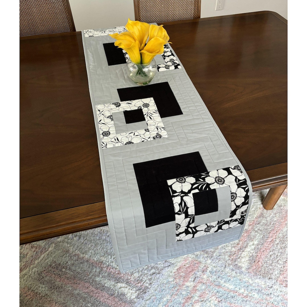 Modern Quilted Table Runner, 14"x59" Black White & Grey Wallhanging ...