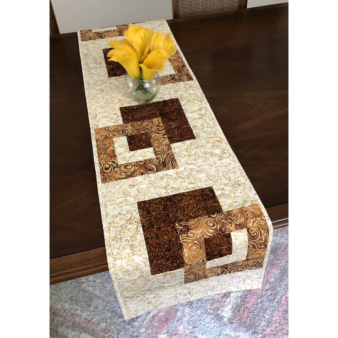 Moderrn Batik Table Runner, 14-1/2"x59"(37cmx150cm) Cream Brown Gold Handmade Reversible Table ...