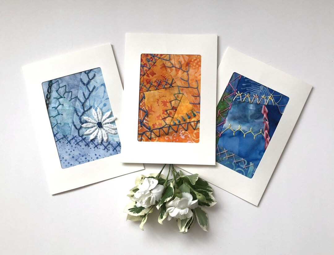 3 Handmade Cards, Set of 3 Crazy Quilt Fabric Greeting Cards, One of a ...