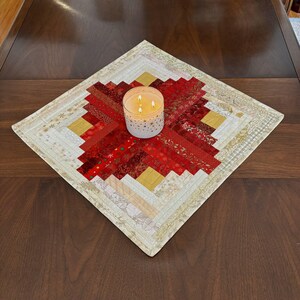 Cream and Red Quilted Table Topper, Reversible Christmas Log Cabin Style Table Topper, 20-1/2 ...