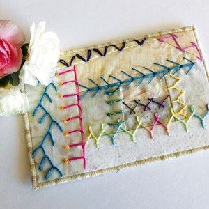 Hand Embroidered Crazy Quiltpostcard, Cream Batik Fabric Postcard, 4 X ...