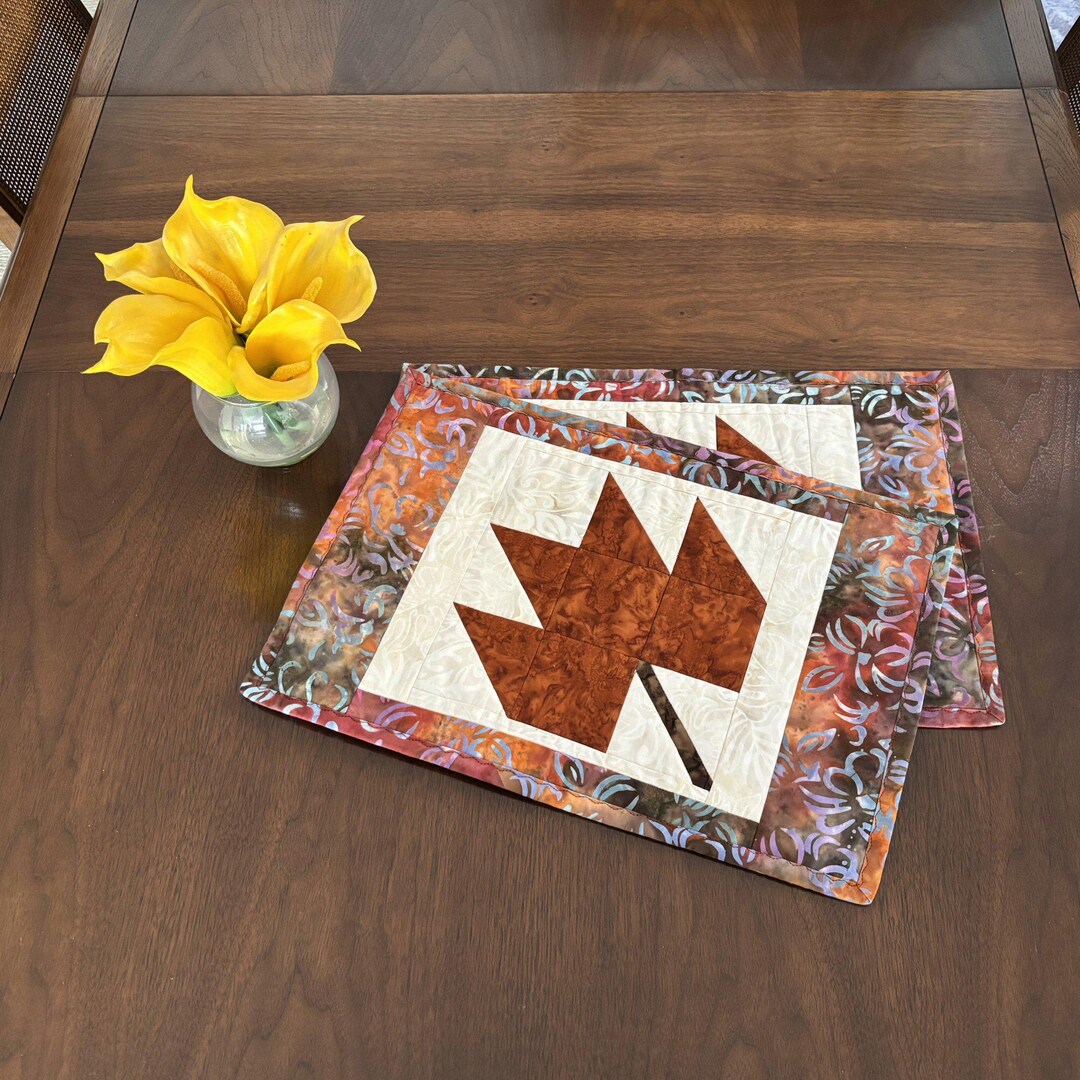 Quilted Batik Placemat Set, Set of Two Copper and Cream Quilted ...