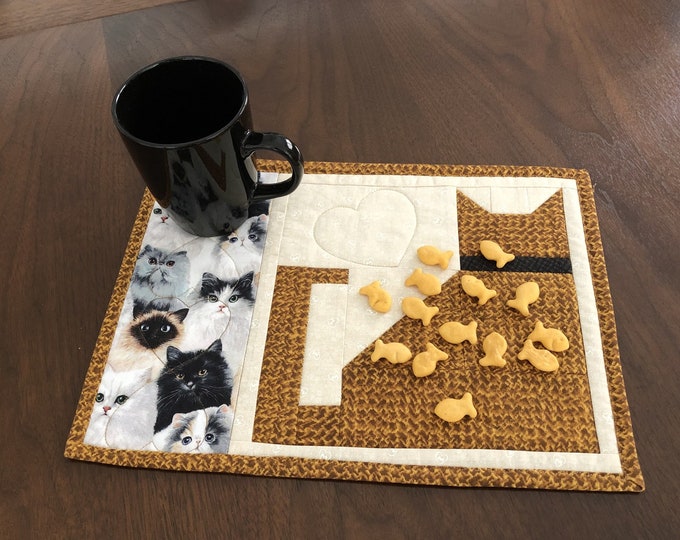 Quilted Snack Mat Cat Theme Mug Rug Mini Placemat Handmade - Etsy