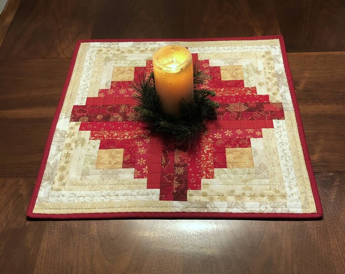 Cream and Red Quilted Table Topper, Reversible Christmas Log Cabin ...