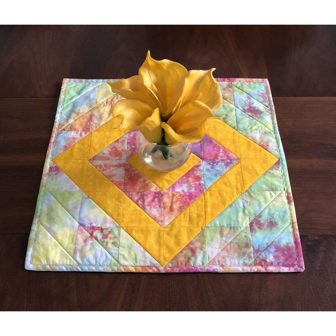 Rainbow Batik Quilted Table Topper, Yellow Pink and Blue Reversible 19 ...