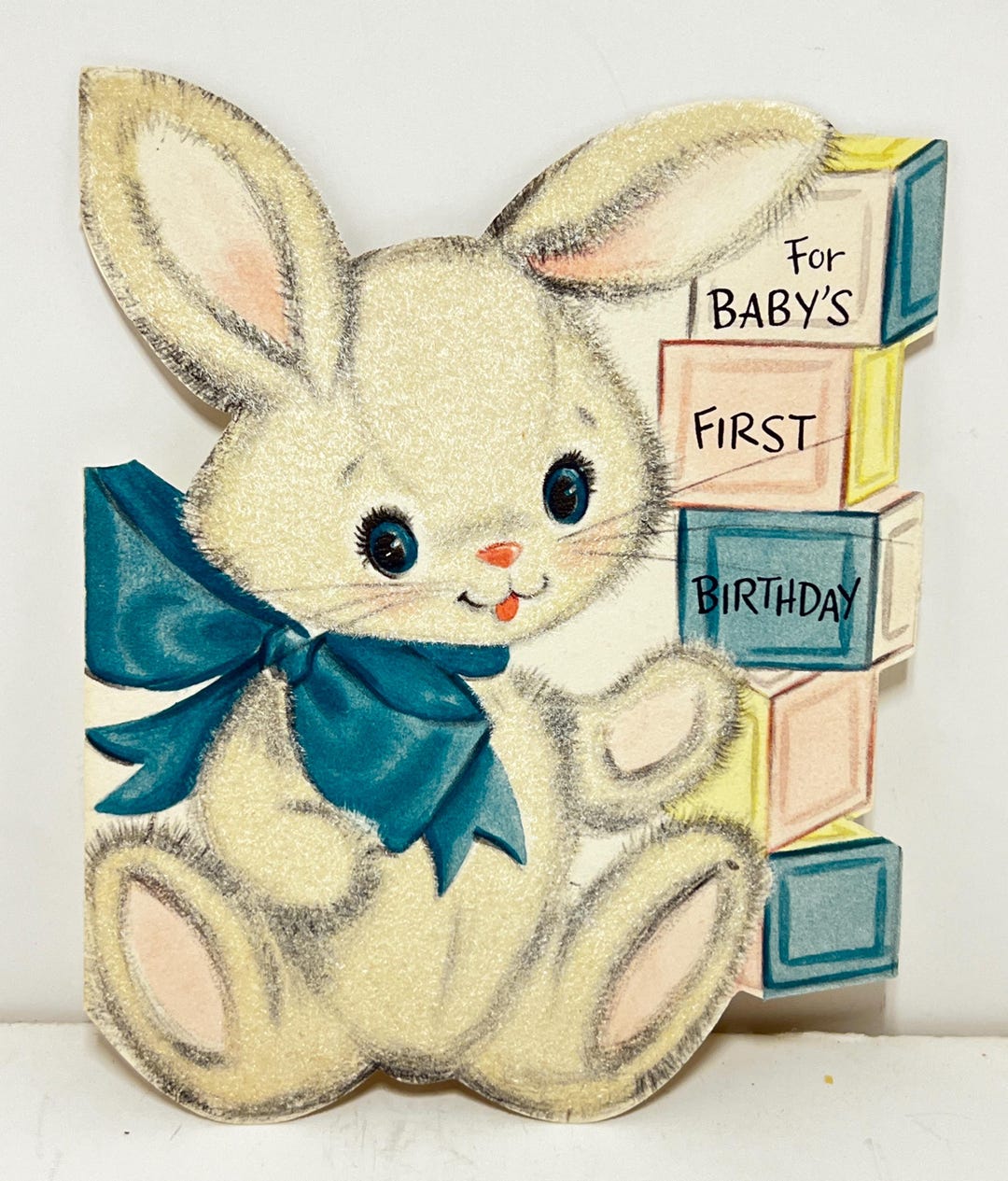 Vintage Birthday Card White Flocked Rabbit Baby Blue and Pink Blocks - Etsy