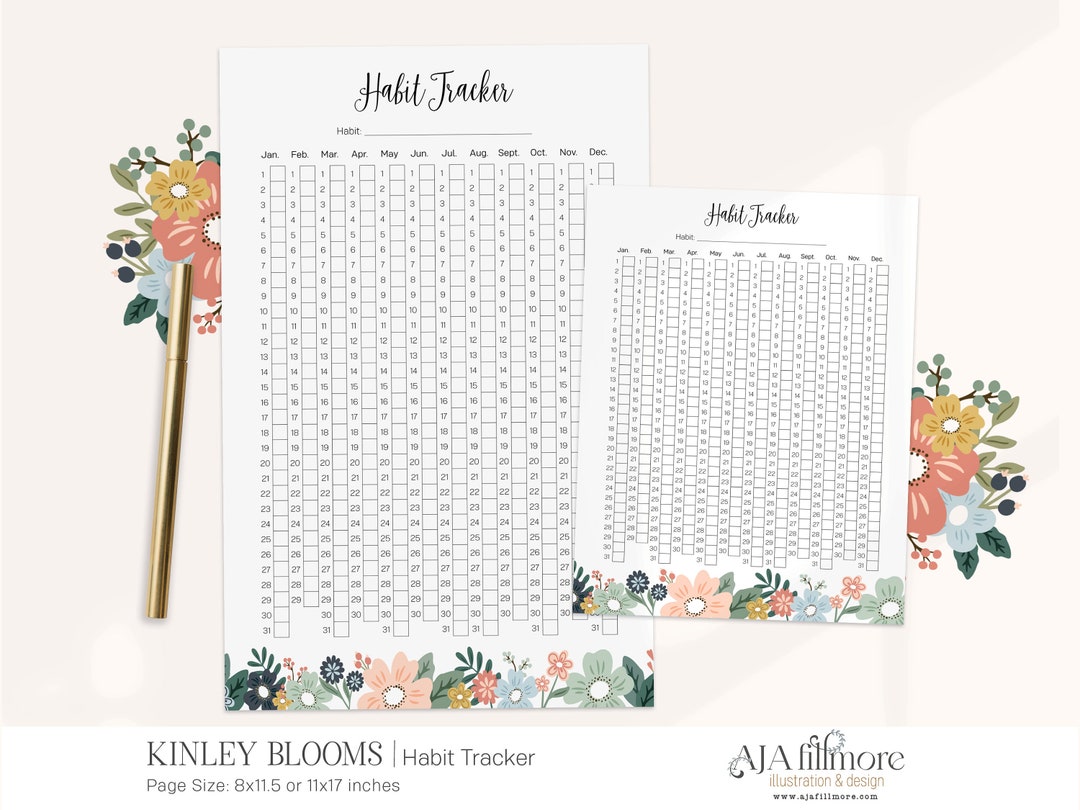 Floral Habit Tracker Printable & Printed, Daily Habit Planner, Yearly ...