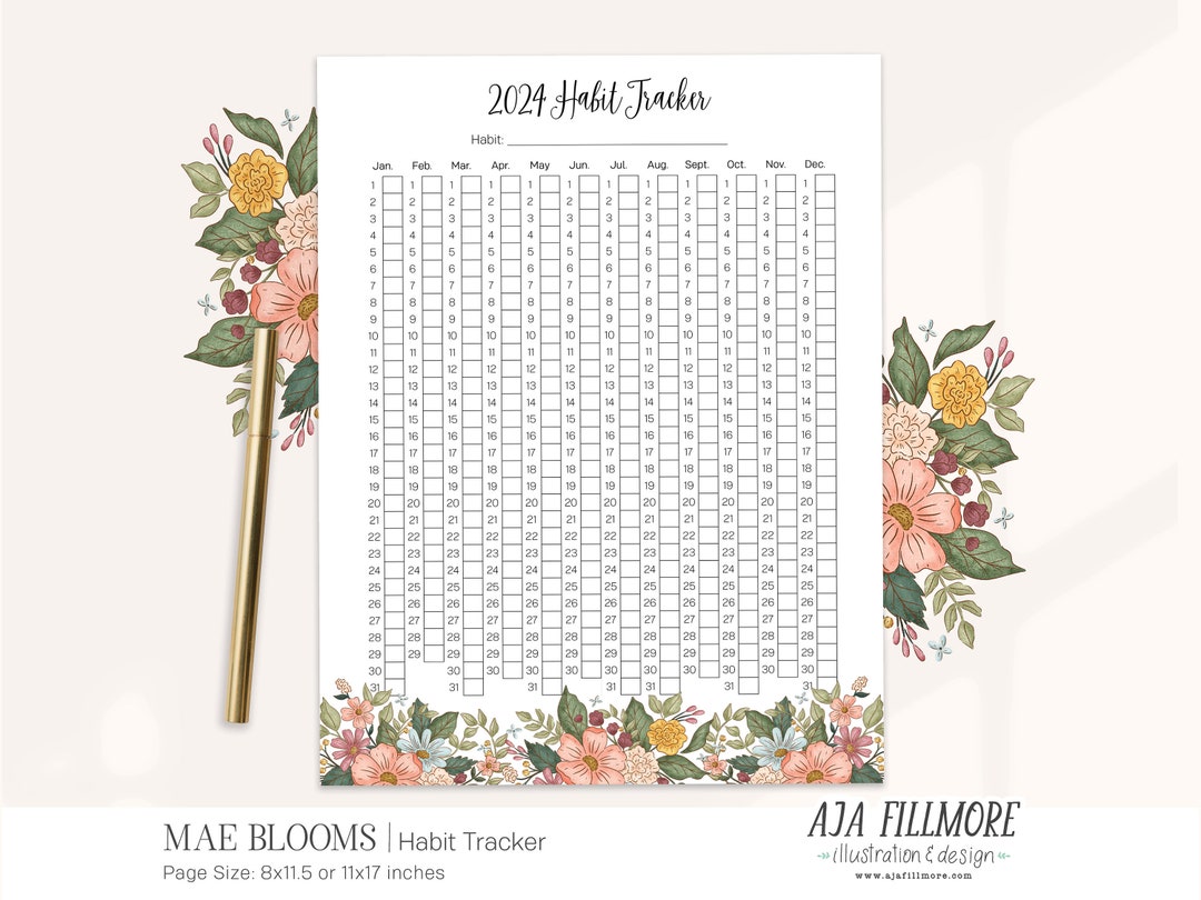 Floral Habit Tracker Printable & Printed, Daily Habit Planner, Yearly ...