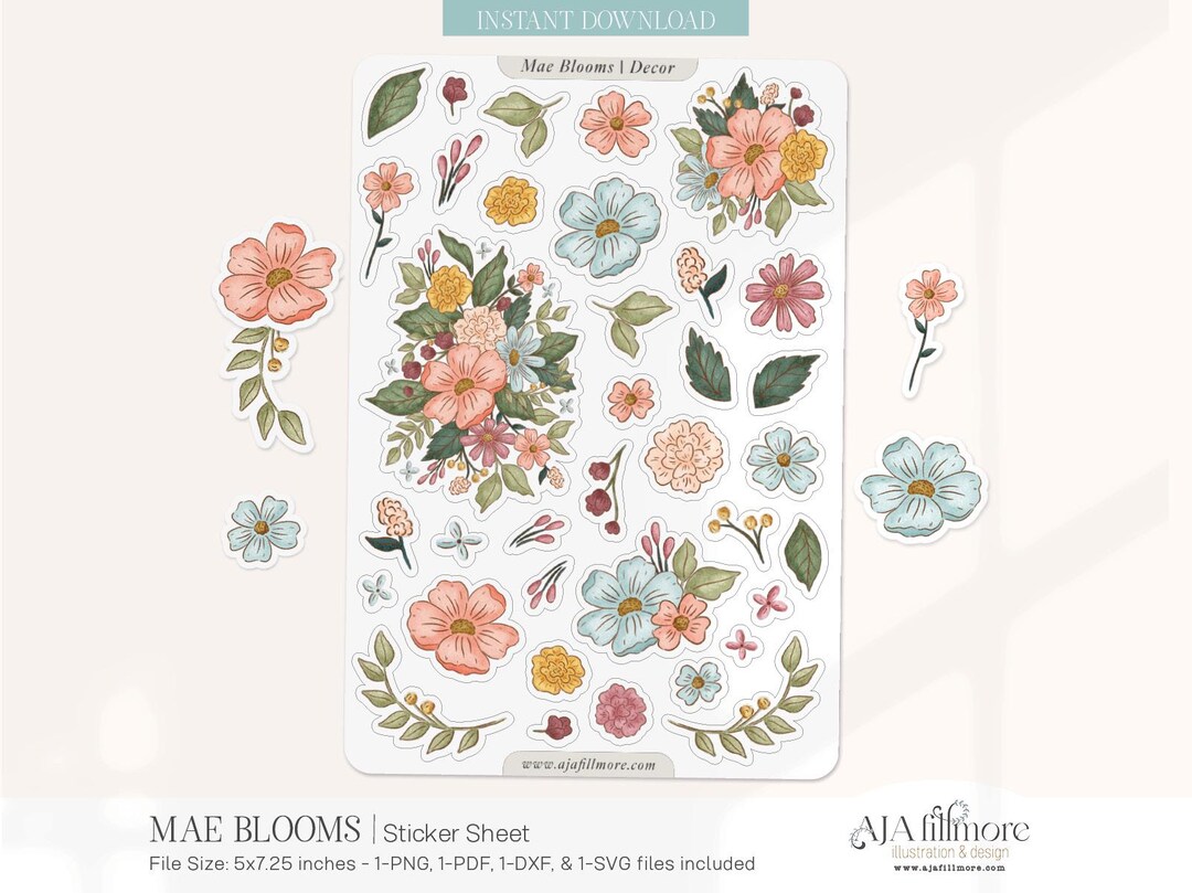Floral Sticker Sheet, Flower Sticker Sheet Bullet Journal Stickers ...